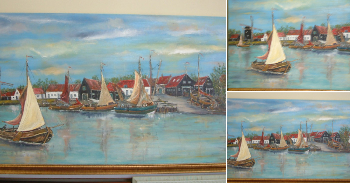 Schilderij van Arnemuiden haven 120 x 60 cm olieverf Jac Caljouw