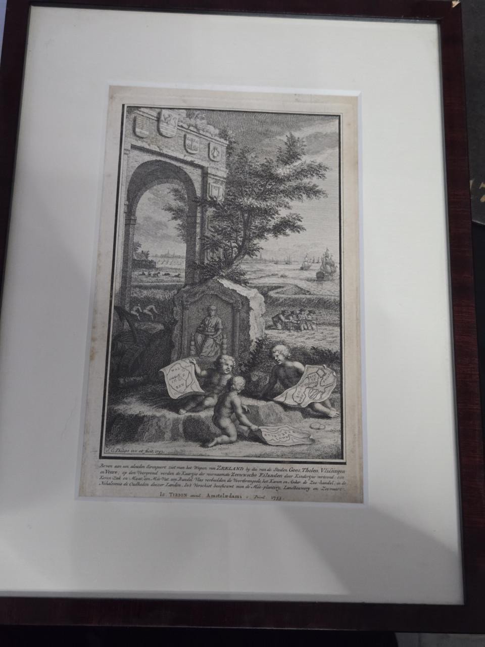 Gravure met de titel 'Allegorie op de provincie Zeeland', 1753.